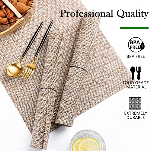 HGMO Placemats Set of 8 Washable Indoor/Outdoor Vinyl Place Mats for Dining Table Durable PVC Weave Table Mats(Caramel)