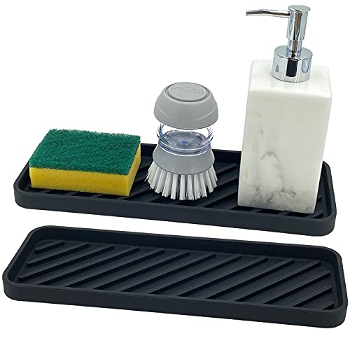 Lenphsco Silicone Kitchen Sink Organizer Tray Extended(12" x 4") Sponge Holder for Kitchen Sink, Bathroom Soap Dispenser Tray (2 Pack, Black)