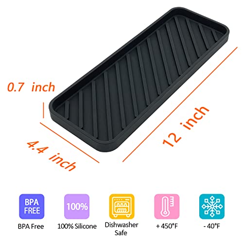 Lenphsco Silicone Kitchen Sink Organizer Tray Extended(12" x 4") Sponge Holder for Kitchen Sink, Bathroom Soap Dispenser Tray (2 Pack, Black)