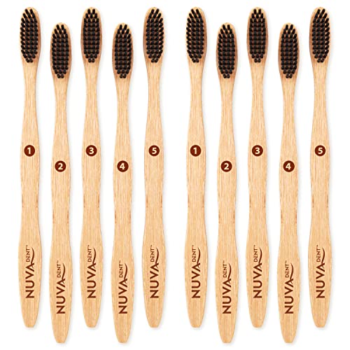 Nuva Dent Bamboo Toothbrushes, Charcoal Toothbrushes, Soft Bristle Toothbrush - Natural Wood Toothbrushes Bulk (10 Pack)