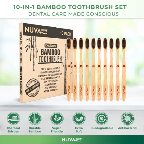 Nuva Dent Bamboo Toothbrushes, Charcoal Toothbrushes, Soft Bristle Toothbrush - Natural Wood Toothbrushes Bulk (10 Pack)