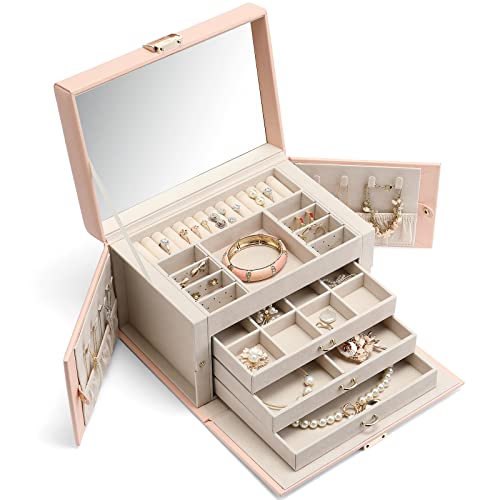 Vlando Jewelry Box Organzier Large Jewelry Boxes, PU Leather Jewelry Storage with Mirror Earrings Necklaces Bracelet Rings Box for Women Christmas Thanksgiving Gift (Pink, classic style)