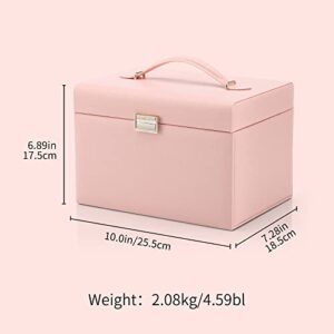 Vlando Jewelry Box Organzier Large Jewelry Boxes, PU Leather Jewelry Storage with Mirror Earrings Necklaces Bracelet Rings Box for Women Christmas Thanksgiving Gift (Pink, classic style)