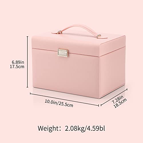 Vlando Jewelry Box Organzier Large Jewelry Boxes, PU Leather Jewelry Storage with Mirror Earrings Necklaces Bracelet Rings Box for Women Christmas Thanksgiving Gift (Pink, classic style)