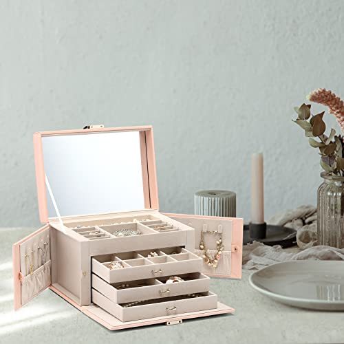 Vlando Jewelry Box Organzier Large Jewelry Boxes, PU Leather Jewelry Storage with Mirror Earrings Necklaces Bracelet Rings Box for Women Christmas Thanksgiving Gift (Pink, classic style)