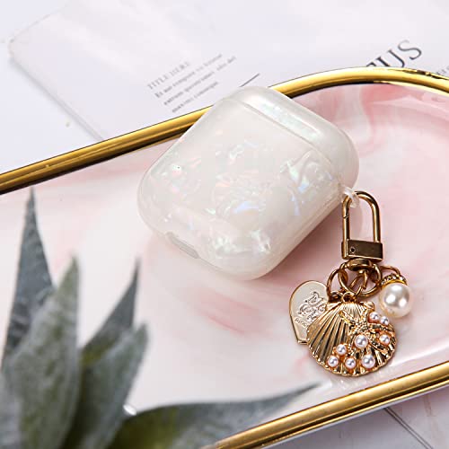 JOYLAND Bling Hard Case Cover with Multicolor Pearl Shell for AirPods 2 & 1,Full Protective Case with Shell Pearl Keychain for Girl Women Men Glitter Wireless Charging Airpods Case for AirPods 1