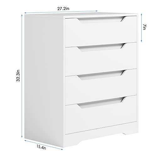 HOSTACK Modern 4 Drawer Dresser, Chest of Drawers with Storage, Wood Storage Chest Organizers with Cut-Out Handles, Accent Storage Cabinet for Living Room, Entryway, Hallway, White