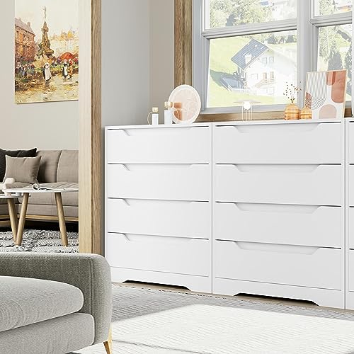 HOSTACK Modern 4 Drawer Dresser, Chest of Drawers with Storage, Wood Storage Chest Organizers with Cut-Out Handles, Accent Storage Cabinet for Living Room, Entryway, Hallway, White