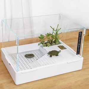 betazooer turtle tank with adjustable water pump filter, full view visually tortoise aquarium habitat, easy changing water and clean for small amphibious creatures reptiles (15.7×11.8×10inch)