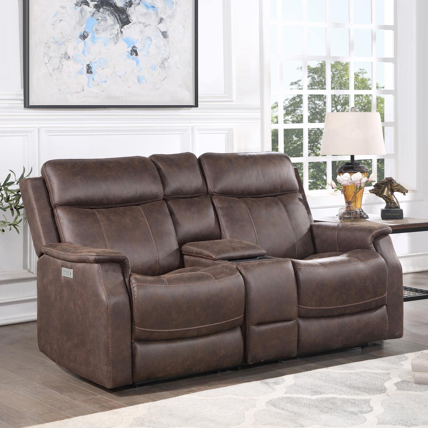 Steve Silver Co Walnut Nubuck Leatherette Power Loveseat with Hidden Storage, USB Port, and Dual Cupholders Love Seats, 74 x 41 x 41, Brown