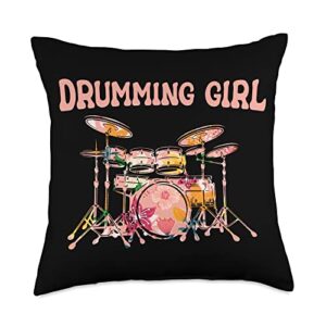 drumming gifts & accessories girl-funny musician drum kit drummer throw pillow, 18x18, multicolor