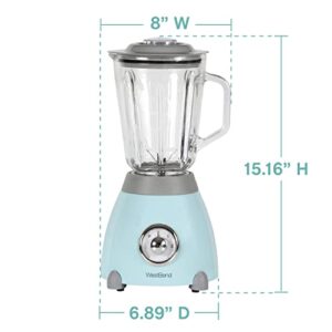 West Bend Blender Retro-Styled 3 Speeds with 48 oz Glass Blending Jar and Stainless Steel Blade, 500-Watts, Blue