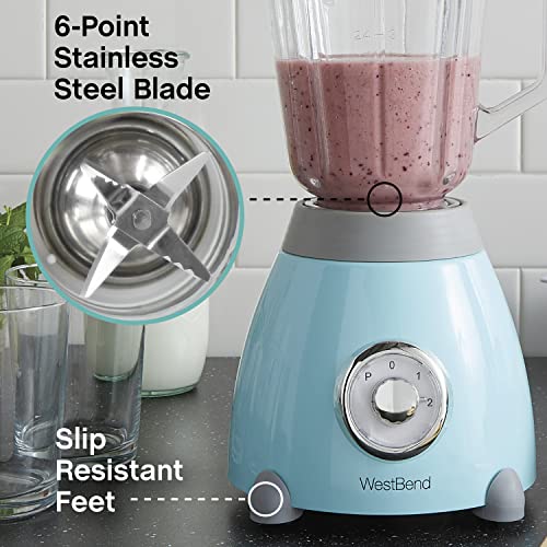 West Bend Blender Retro-Styled 3 Speeds with 48 oz Glass Blending Jar and Stainless Steel Blade, 500-Watts, Blue