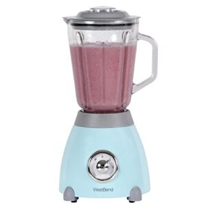 West Bend Blender Retro-Styled 3 Speeds with 48 oz Glass Blending Jar and Stainless Steel Blade, 500-Watts, Blue