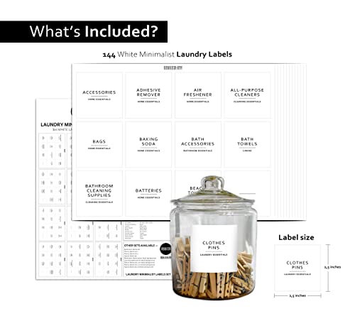 Dekluttr 144 Minimalist Laundry Labels for Organizing Linen, Storage, and Laundry Room Preprinted Organization Labels for Storage Bins Containers and Jars