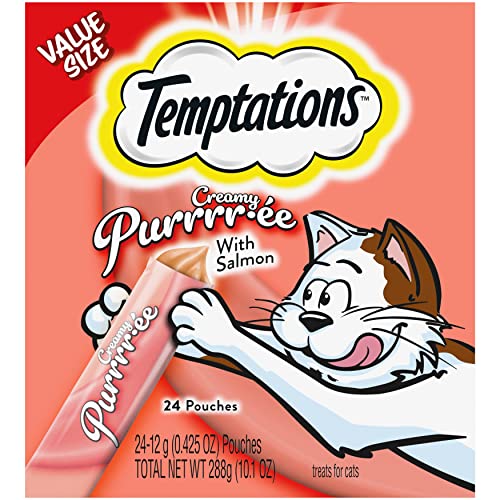 Temptations Creamy Puree with Salmon Lickable, Squeezable Cat Treats, 0.42 oz Pouches, 24 Count