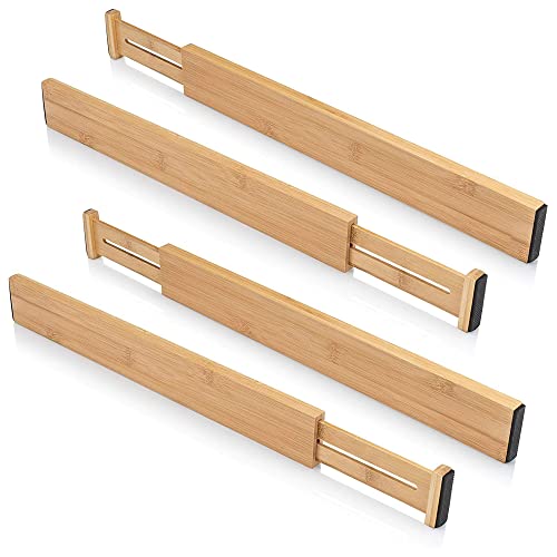 Bamboo Drawer Divider Separators, Organization Expandable, Organizers for Kitchen Bedroom Bathroom Dresser Office 4-Pack Bamboo Drawer Dividers