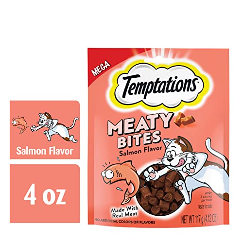 TEMPTATIONS Meaty Bites, Soft and Savory Cat Treats, Salmon Flavor, 4.12 oz. Pouch