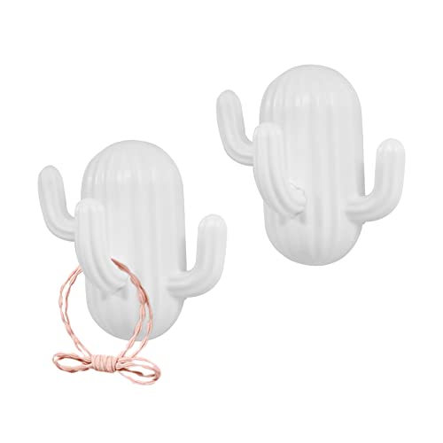 2 Pack Cute Cactus Shape Adhesive Hooks with 3 Hooks, Decorative Wall Hooks, Key Hooks Door Hooks, Sticky Hooks for Hair Rope, Loofah, Towel, White (White)