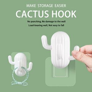 2 Pack Cute Cactus Shape Adhesive Hooks with 3 Hooks, Decorative Wall Hooks, Key Hooks Door Hooks, Sticky Hooks for Hair Rope, Loofah, Towel, White (White)