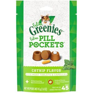 greenies feline pill pockets for cats natural soft cat treats, catnip flavor, 1.6 oz. pack (45 treats)