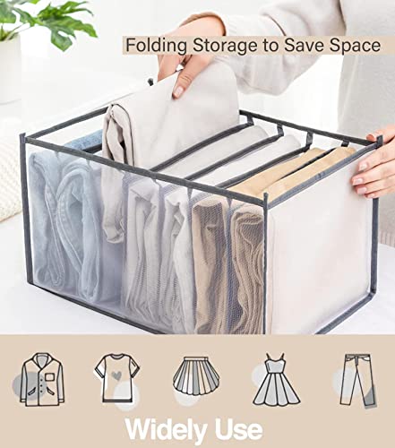 Clothing Organizers for Folded Clothes, LAKEEVAN Visible 7 Grids Washable Pants Organizer, Mesh Wardrobe Closet Drawer Storage for Jeans, Leggings, Skirts, T-Shirts, Scarves, Bras, Underwear, Socks(Gray, 2 Pcs)