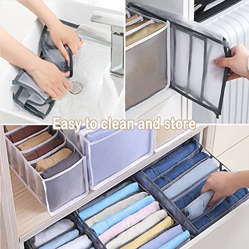 Clothing Organizers for Folded Clothes, LAKEEVAN Visible 7 Grids Washable Pants Organizer, Mesh Wardrobe Closet Drawer Storage for Jeans, Leggings, Skirts, T-Shirts, Scarves, Bras, Underwear, Socks(Gray, 2 Pcs)