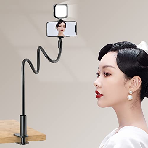 Phone Stand for Recording, 31 Inch Gooseneck Overhead Phone Mount with LED Light for Desk, 360° Rotation with Selfie Stands and Phone Holders for Video Recording, Live Streaming, YouTube Tiktok