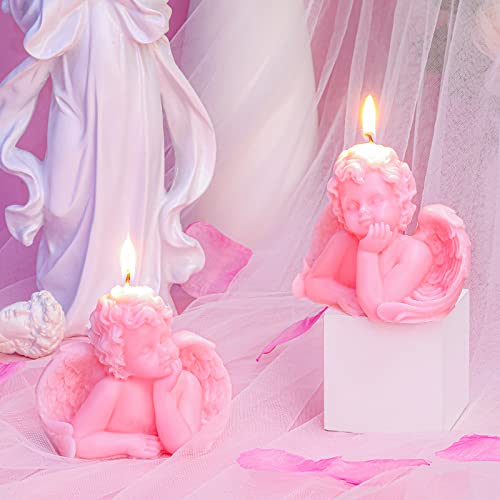 2 Pieces Angel Candle Soy Scented Candle Wax Vegan Candle Cute Decorative Candle Angel Candle Cake Candle Handmade Aesthetic Candle for Home Decor Bedroom Bathroom Wedding (Pink)