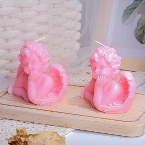 2 Pieces Angel Candle Soy Scented Candle Wax Vegan Candle Cute Decorative Candle Angel Candle Cake Candle Handmade Aesthetic Candle for Home Decor Bedroom Bathroom Wedding (Pink)