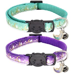 giecooh 2 pack breakaway cat collar with bells,adjustable moon and star kitten safety collars for boys & girls,purple+teal