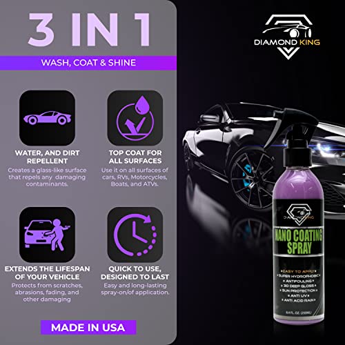 Diamond King 250ml Waterless Ceramic Car Coating - Nano Ceramic Coating for Cars - Car Detailing, Hydrophobic Top Coat, Durable, Quick Coat Car Wax Polish Spray - Car Shiner, Cleaner