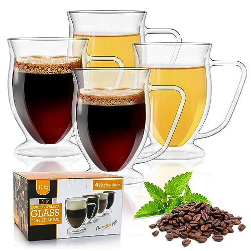 Kitchen Kite Double Wall Glass Coffee Mugs - 11oz Dishwasher & Microwave Safe Clear Mugs Set of 4 - Insulated Design, Ideal as Cups for Tea, Latte, Cappuccino, Nespresso, Hot & Cold Beverages