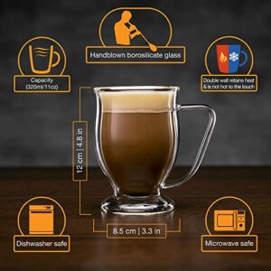 Kitchen Kite Double Wall Glass Coffee Mugs - 11oz Dishwasher & Microwave Safe Clear Mugs Set of 4 - Insulated Design, Ideal as Cups for Tea, Latte, Cappuccino, Nespresso, Hot & Cold Beverages