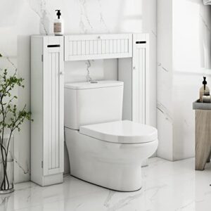 over-the-toilet storage cabinet with 2 side doors, freestanding toilet cabinet organizer with adjustable shelves & paper holder, bathroom space saver with pull-down door, toilet rack, white