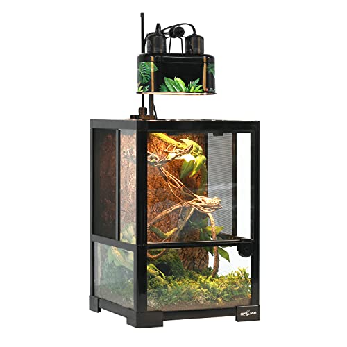 REPTI ZOO Nano Combo Print Tropical Desert Reptile Dual Deep Dome Lamp Fixture for Reptile Max 40 Watts Max Bulb Height 4 in Per Socket UVB Light Fixture Dual Lamp Cap Combo Integration Design