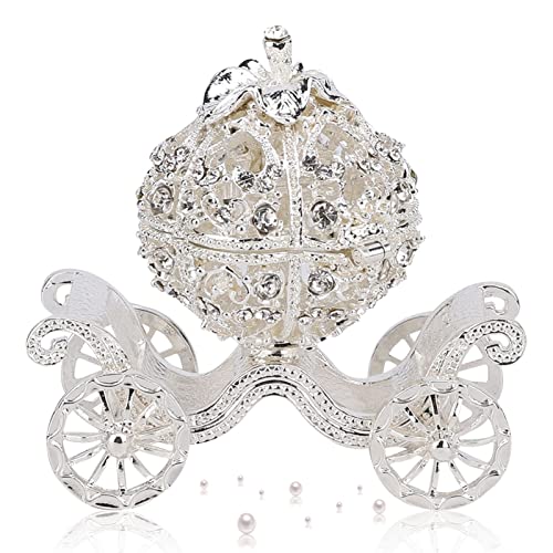 Rhinestone Decorated Pumpkin Carriage, Pumpkin Carriage Trinket Box with Metal Ring Jewelry Holder for Tabletop Decoration