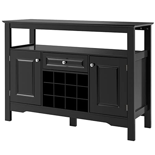 PETSITE Kitchen Sideboard Buffet Storage Cabinet, Coffee Bar Station with Wine Rack, Shelves, 2 Cabinets & Drawer, Wood Accent Modern Console Table for Living Room, Dining Room, Entryway (Black)