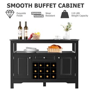 PETSITE Kitchen Sideboard Buffet Storage Cabinet, Coffee Bar Station with Wine Rack, Shelves, 2 Cabinets & Drawer, Wood Accent Modern Console Table for Living Room, Dining Room, Entryway (Black)