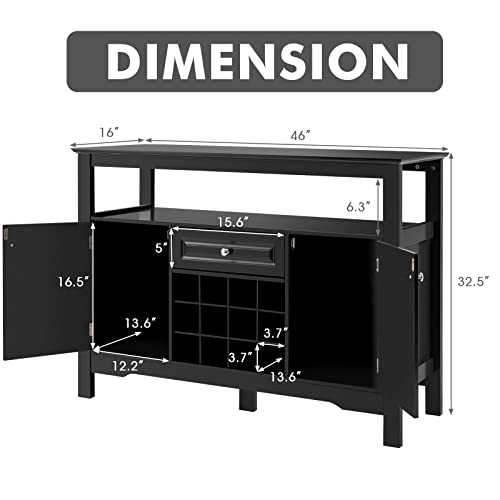 PETSITE Kitchen Sideboard Buffet Storage Cabinet, Coffee Bar Station with Wine Rack, Shelves, 2 Cabinets & Drawer, Wood Accent Modern Console Table for Living Room, Dining Room, Entryway (Black)