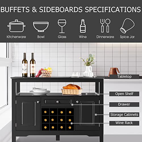 PETSITE Kitchen Sideboard Buffet Storage Cabinet, Coffee Bar Station with Wine Rack, Shelves, 2 Cabinets & Drawer, Wood Accent Modern Console Table for Living Room, Dining Room, Entryway (Black)