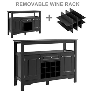 PETSITE Kitchen Sideboard Buffet Storage Cabinet, Coffee Bar Station with Wine Rack, Shelves, 2 Cabinets & Drawer, Wood Accent Modern Console Table for Living Room, Dining Room, Entryway (Black)