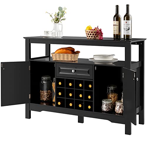 PETSITE Kitchen Sideboard Buffet Storage Cabinet, Coffee Bar Station with Wine Rack, Shelves, 2 Cabinets & Drawer, Wood Accent Modern Console Table for Living Room, Dining Room, Entryway (Black)