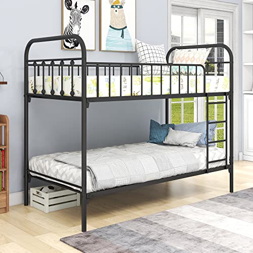 JURMERRY Metal Bunk Bed Twin Over Twin Beds with Sturdy Guard Rail & Ladder, Space-Saving Design/Noise Free/No Box Spring Needed,Black