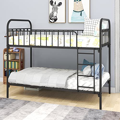 JURMERRY Metal Bunk Bed Twin Over Twin Beds with Sturdy Guard Rail & Ladder, Space-Saving Design/Noise Free/No Box Spring Needed,Black