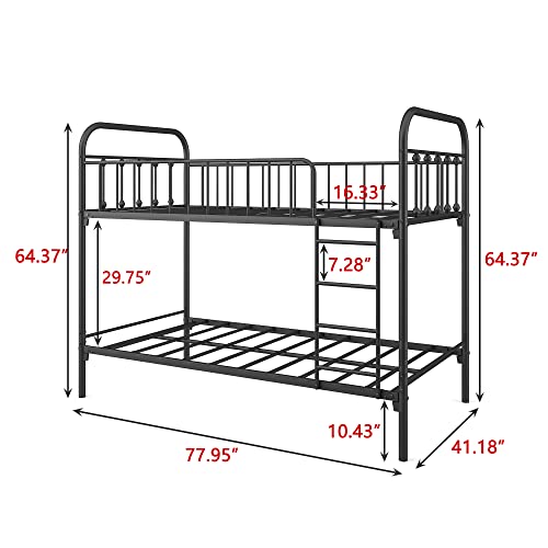 JURMERRY Metal Bunk Bed Twin Over Twin Beds with Sturdy Guard Rail & Ladder, Space-Saving Design/Noise Free/No Box Spring Needed,Black