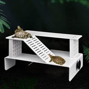 weaverbird turtle basking platform, turtle tank platform aquarium animal sink wharf, double decker reptile habitat, climbing shelf turtle tank dock floating decor, floating turtle dock, white