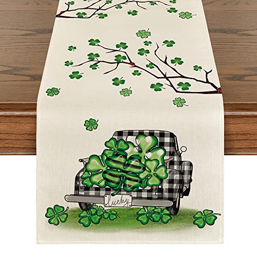 Artoid Mode Lucky Shamrock Truck St. Patrick's Day Table Runner, Seasonal Spring Holiday Kitchen Dining Table Decoration for Indoor Outdoor Home Party Decor 13 x 72 Inch