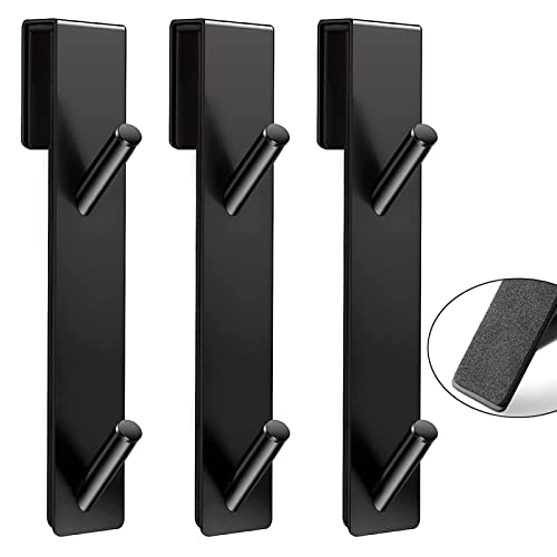 LuxLumin Shower Door Hooks, 7.5 Inches Over The Door Towel Hooks Hanger Extended for Bathroom Frameless Glass Door, Robe Sponge Bath Hook Stainless Steel Black 3 Pack