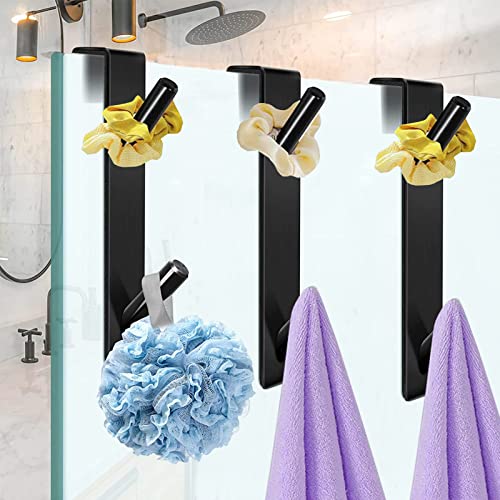 LuxLumin Shower Door Hooks, 7.5 Inches Over The Door Towel Hooks Hanger Extended for Bathroom Frameless Glass Door, Robe Sponge Bath Hook Stainless Steel Black 3 Pack